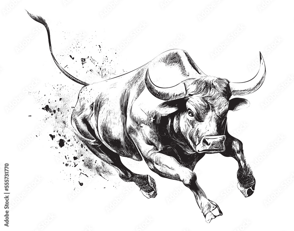 Angry bull running in fire hand drawn sketch Vector illustration. Stock ...