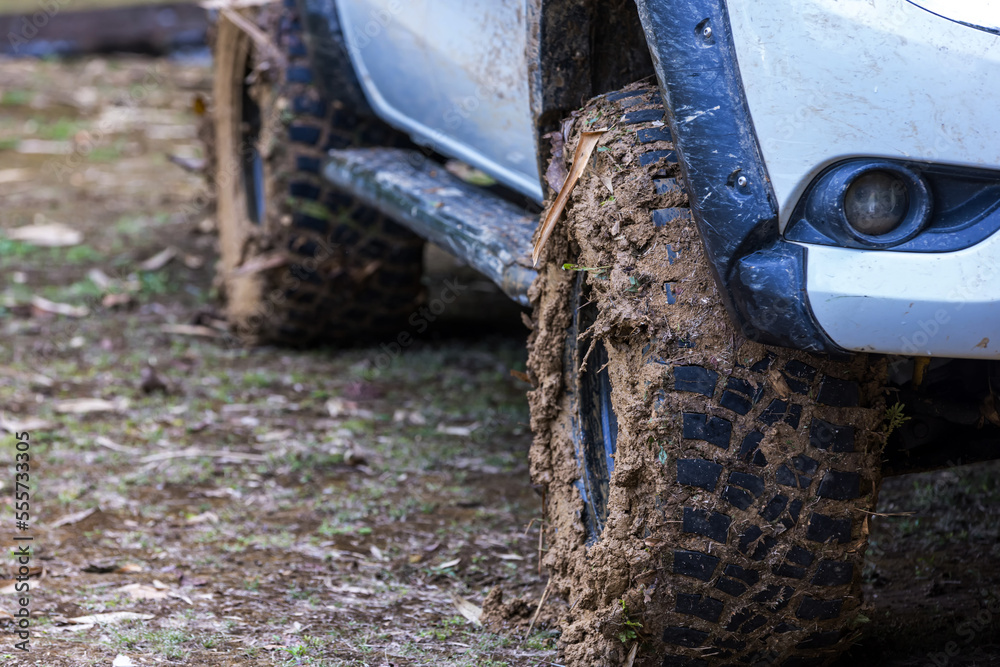 Tire has been mired in the mud. Wheel closeup with a muddy. Wheel of ...