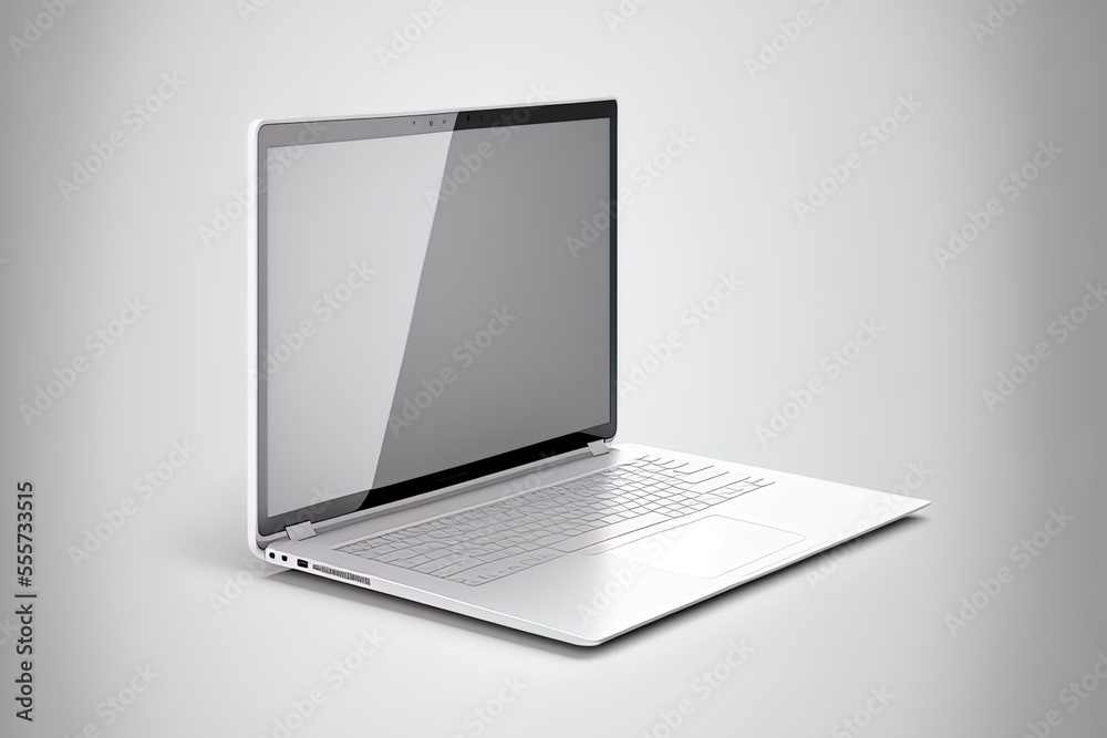 Isolated laptop with a white backdrop and an empty screen. On a white ...