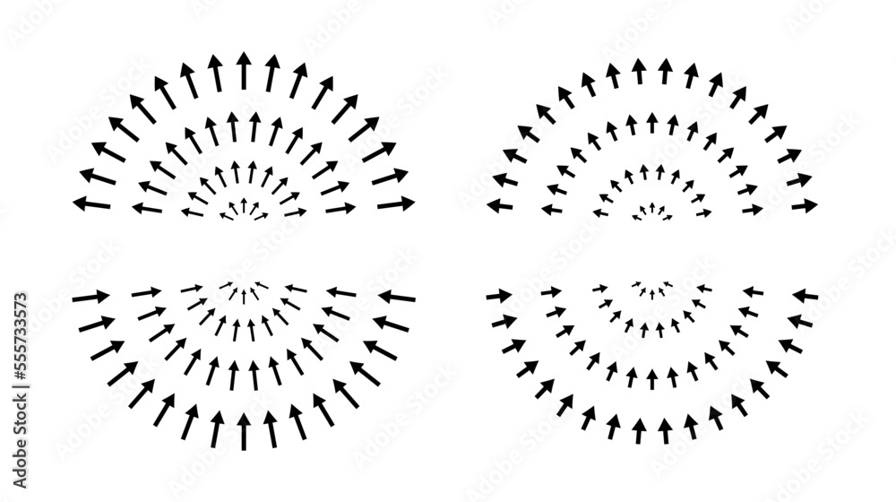 Arrows pointing inside and outside. Hemispheres, epicenter, target ...