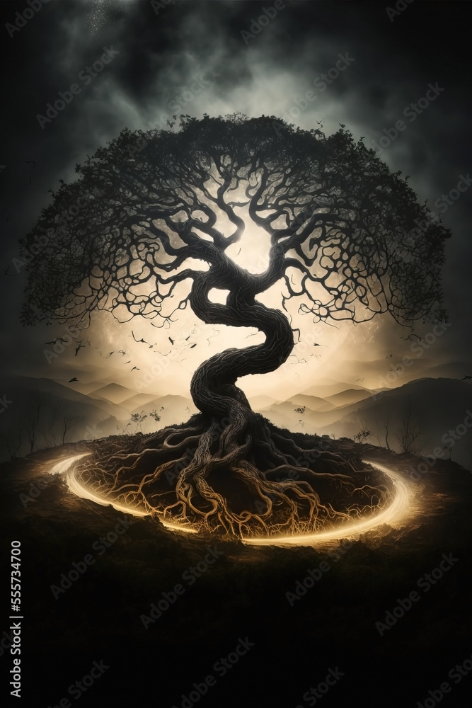 Glowing tree of life. Yggdrasil tree, Giant tree. Adam and eve. Garden ...