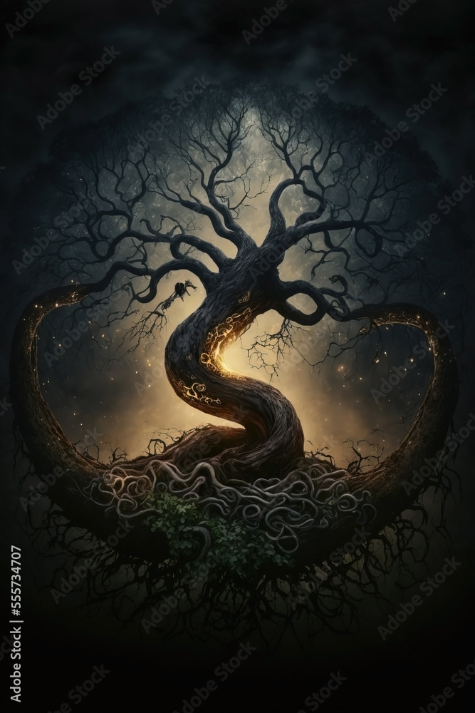 Glowing tree of life. Yggdrasil tree, Giant tree. Adam and eve. Garden ...
