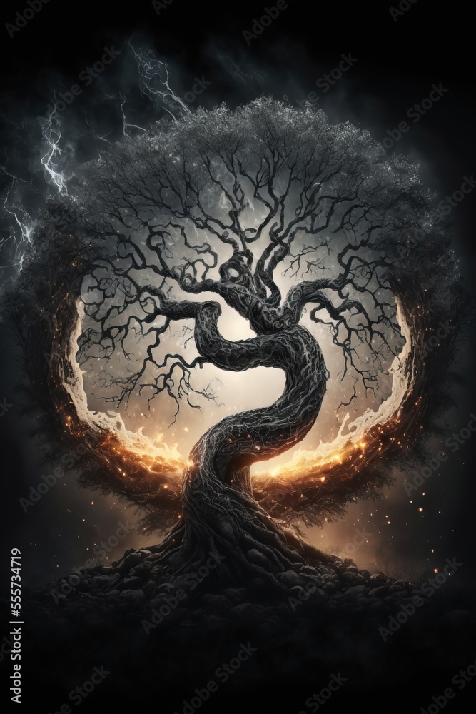 Glowing tree of life. Yggdrasil tree, Giant tree. Adam and eve. Garden ...