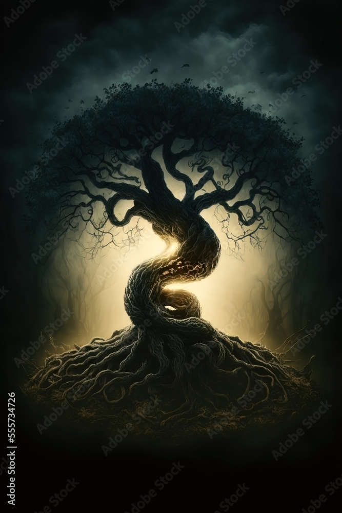 Glowing tree of life. Yggdrasil tree, Giant tree. Adam and eve. Garden ...