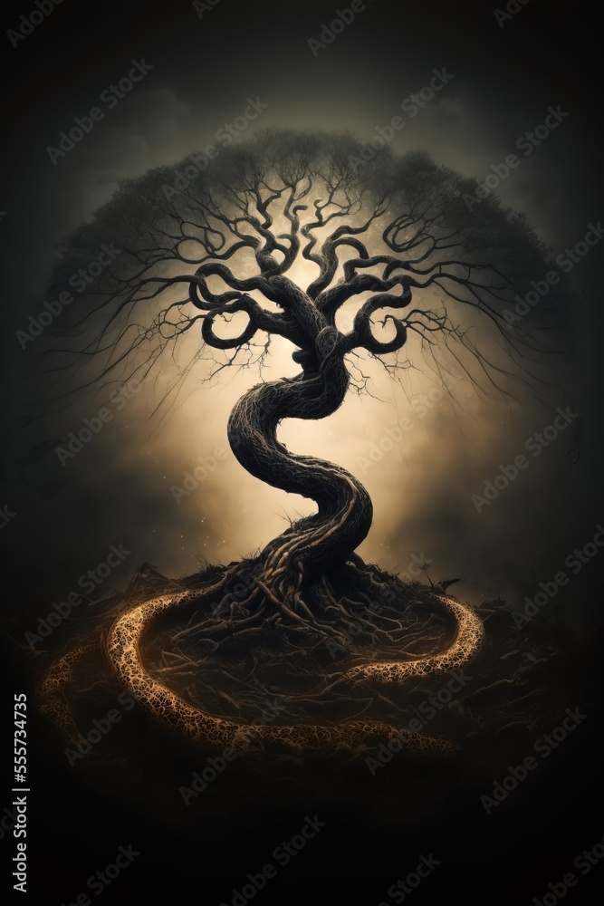 Glowing tree of life. Yggdrasil tree, Giant tree. Adam and eve. Garden ...