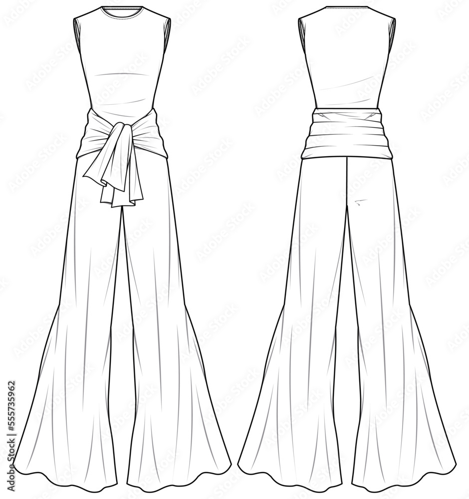 Sleeveless jumpsuit design flat sketch fashion illustration with front ...