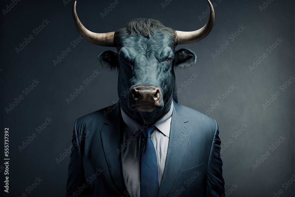 a man in a suit and tie with a bull's head on his face and a suit ...