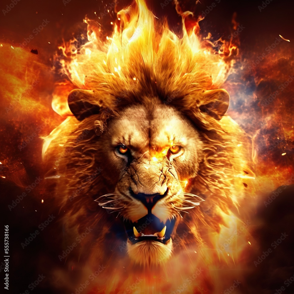 a lion with a tie on its neck in front of a fire background with flames ...