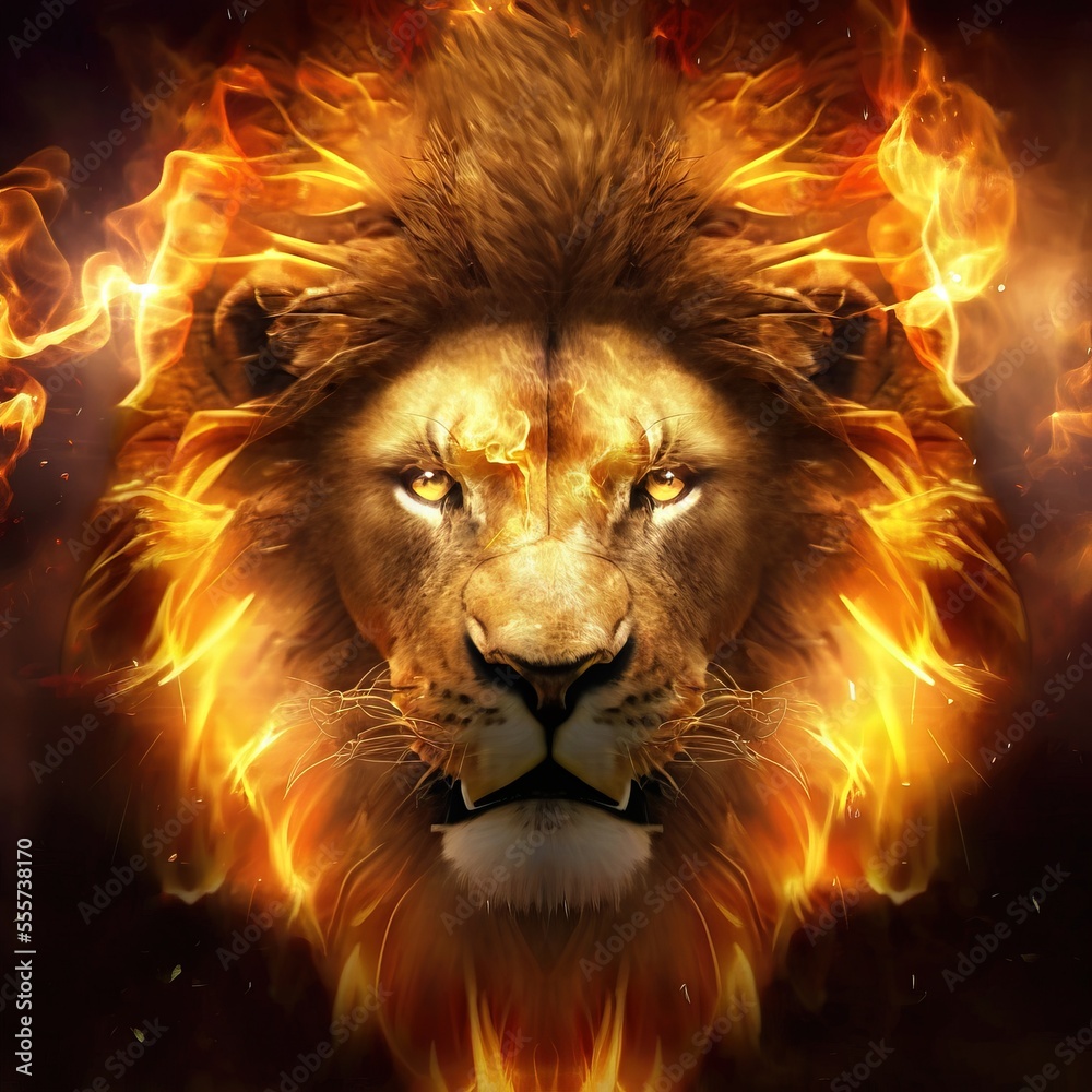 a lion with a fire face on it's face and a black background with red ...