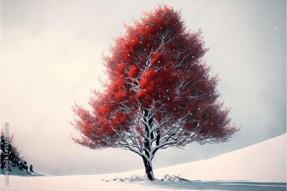 a red tree in a snowy landscape with snow falling on it's branches and ...