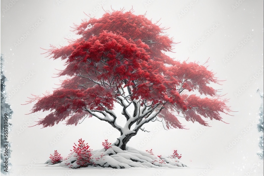 a red tree with snow on the ground and a white background with a border ...