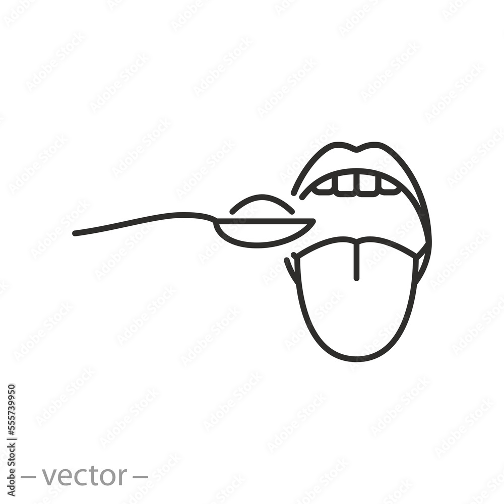 define taste icon, spoon with liquid, open mouth, tasting or taking the ...