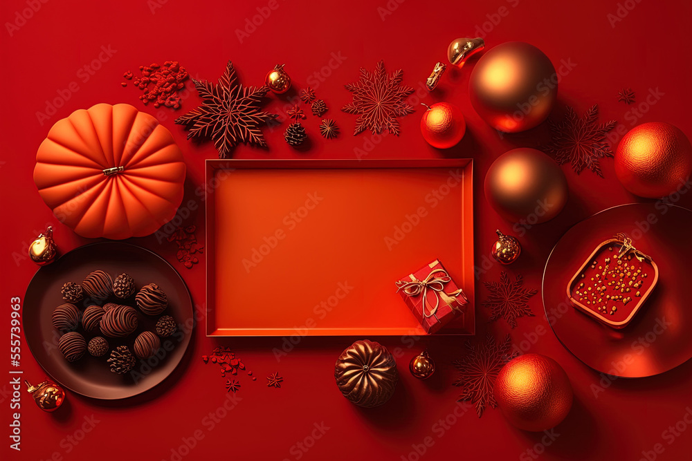 A fiery red background with Christmas goodies. Holiday and New Year's ...