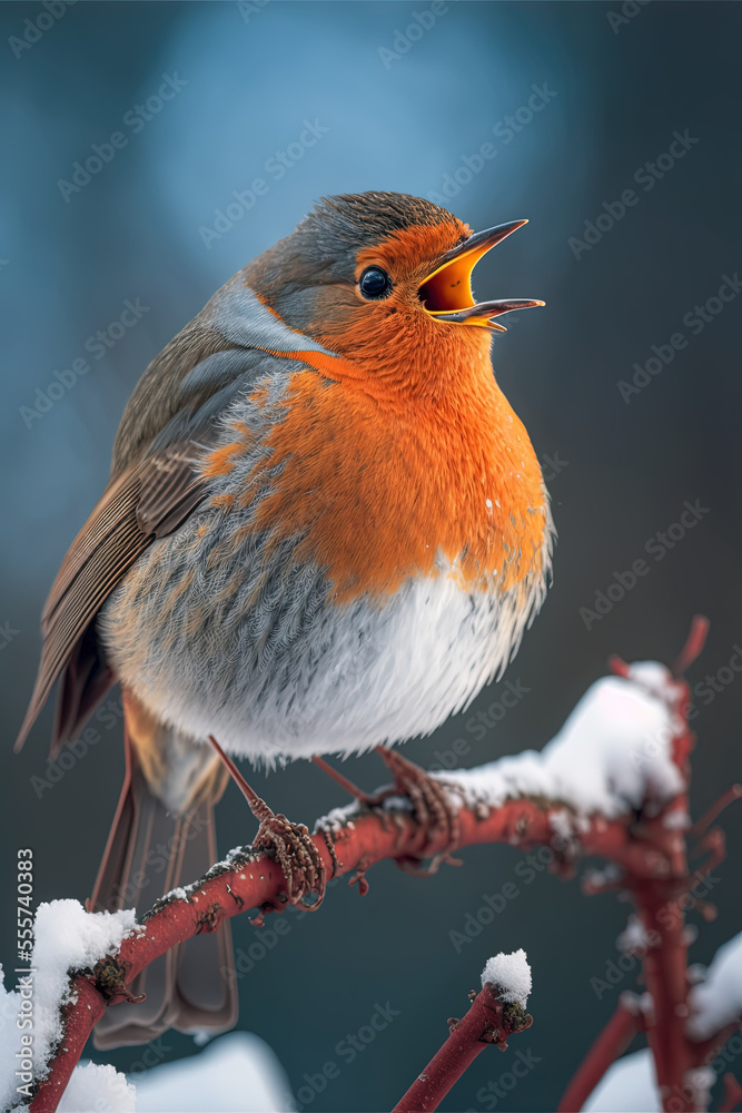 red brested european robin, bird, sitting on snow branch, singing ...