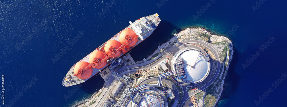 Aerial drone ultra wide photo of LNG (Liquified Natural Gas) tanker ...