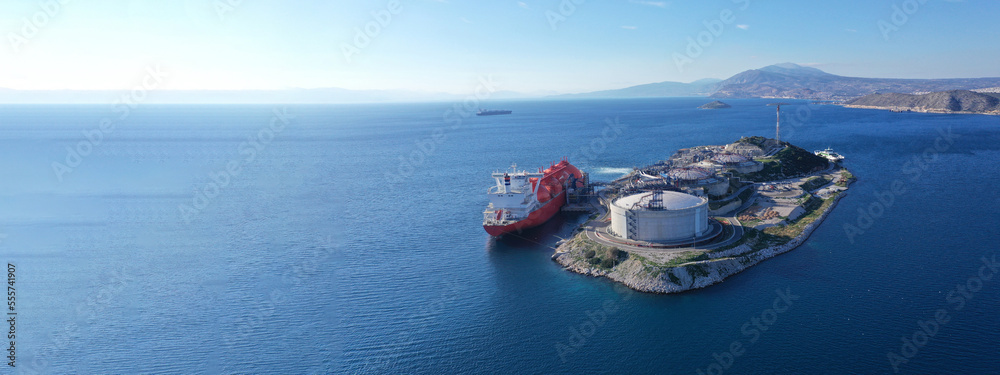 Aerial drone ultra wide photo of LNG (Liquified Natural Gas) tanker ...
