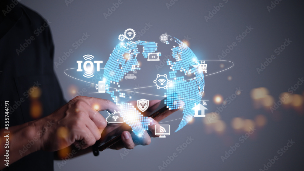 IOT virtual screen interface. Internet of Things or IOT technology ...