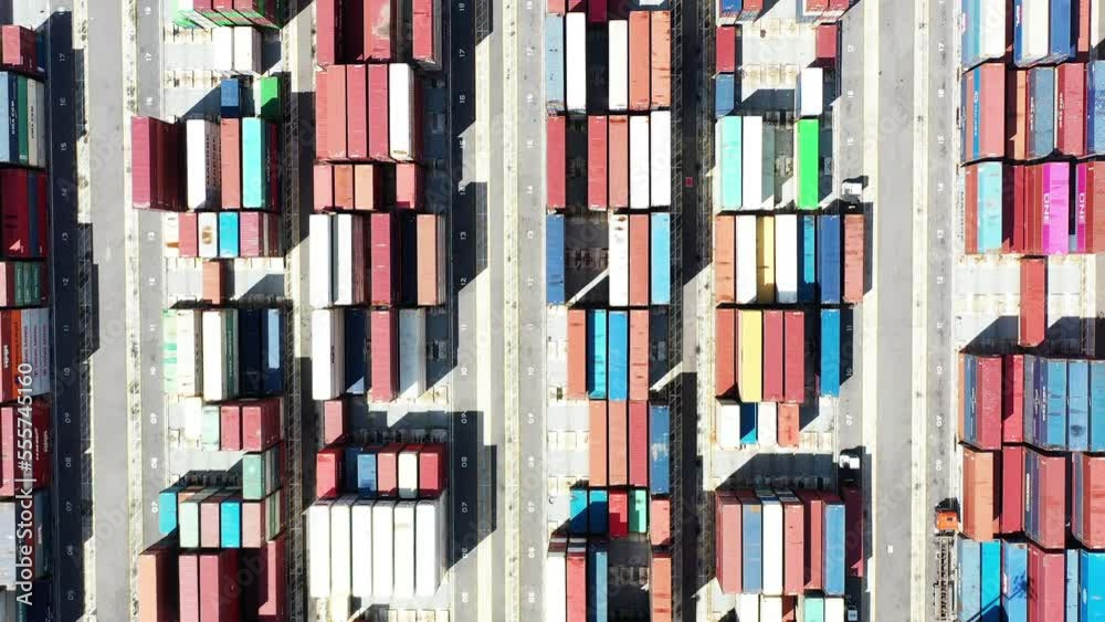 Aerial top view footage of container terminal. Industrial cargo port ...