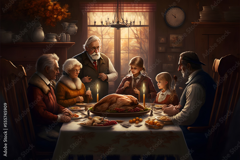 creepy family at thanksgiving table with served roasted turkey, neural ...