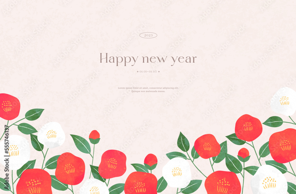 2023 Happy new year. Red and white camellia flowers horizontal ...