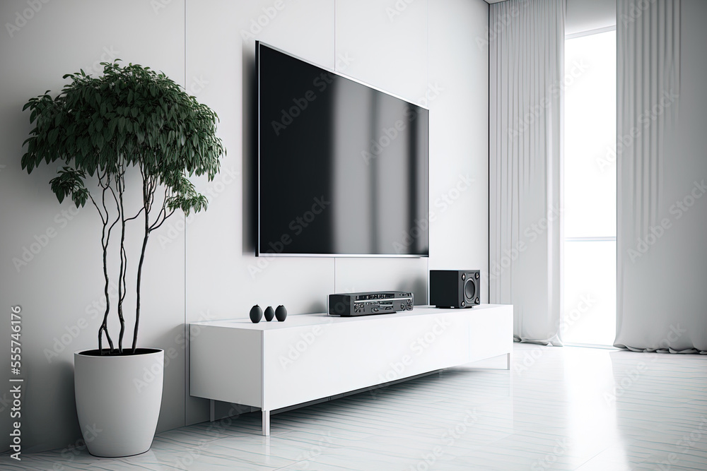White color wall background, simple television cabinet, and living room ...