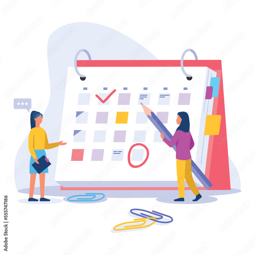 Vector illustration of people plan schedules. Cartoon scene with girls ...