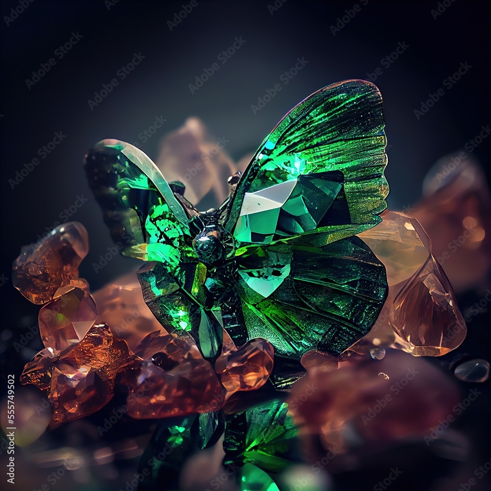 Butterfly of gemstones and crystals. Emerald or tourmaline green ...
