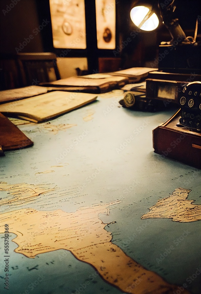 Map of World War II in the office of a military general. War and ...