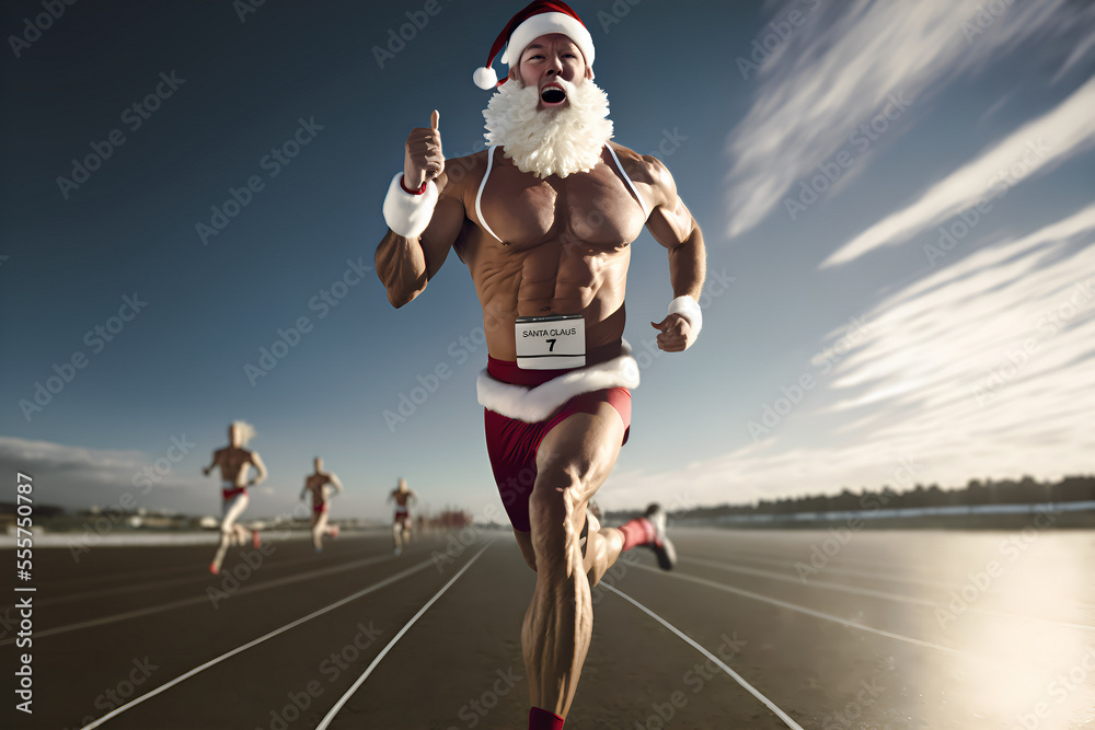 Santa Claus exercises long-distance running before the holiday season to improve his form. Santa ...