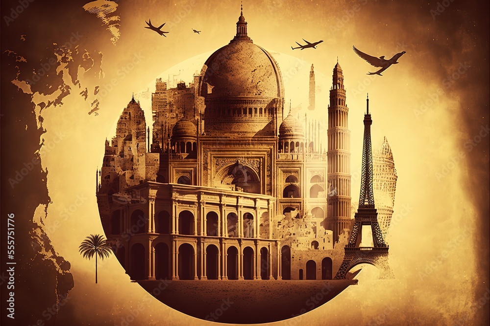 World landmarks and cities skyline photo collage on sepia textured ...