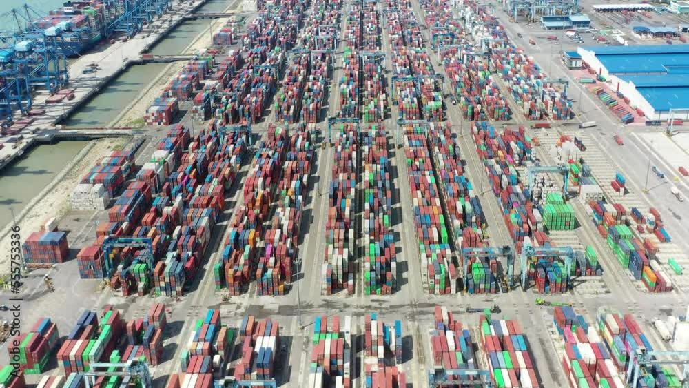 Aerial top view footage of container terminal. Industrial cargo port ...