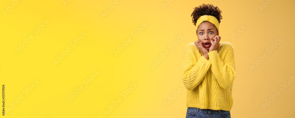Scared stupefied trembling insecure timid african american woman afraid ...