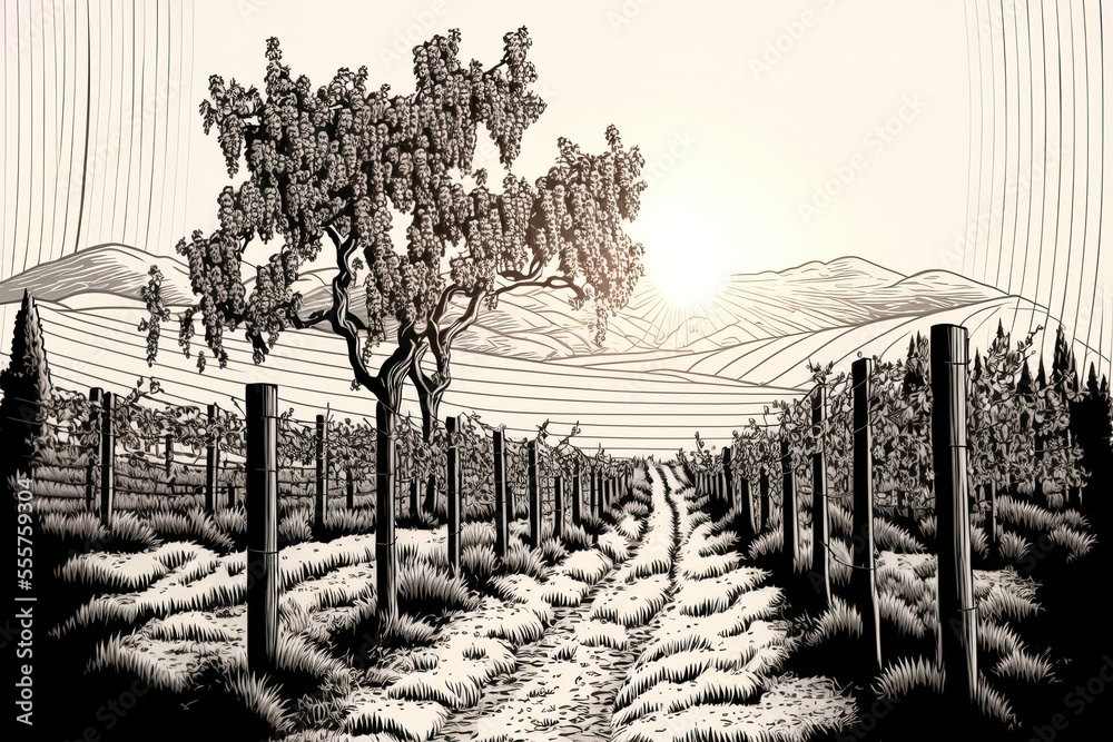 design of a vineyard landscape in form. a drawing made by hand ...