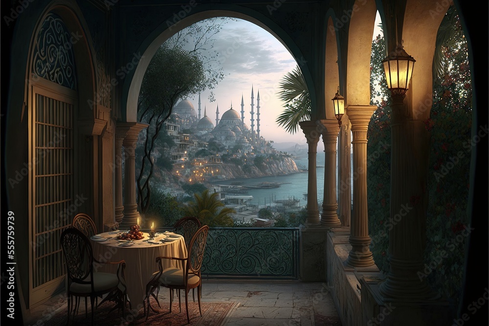 Turkish patio overlooking the Bosphorus and mosques. Balcony with ...