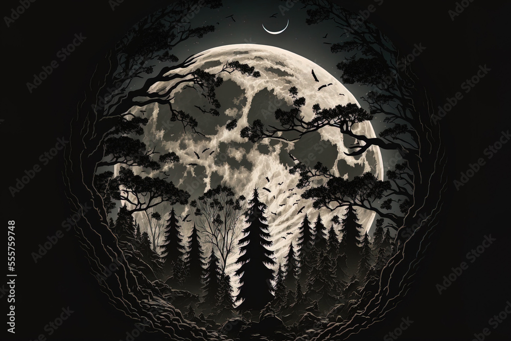 Dark full moon and a horror backdrop. Generative AI Stock Illustration ...