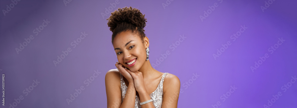 Tender elegant wealthy young african american rich woman in brilliants ...