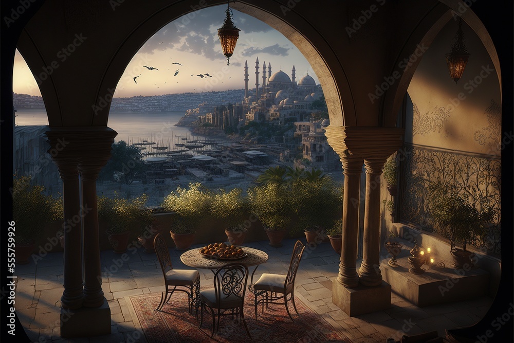 Turkish patio overlooking the Bosphorus and mosques. Balcony with ...