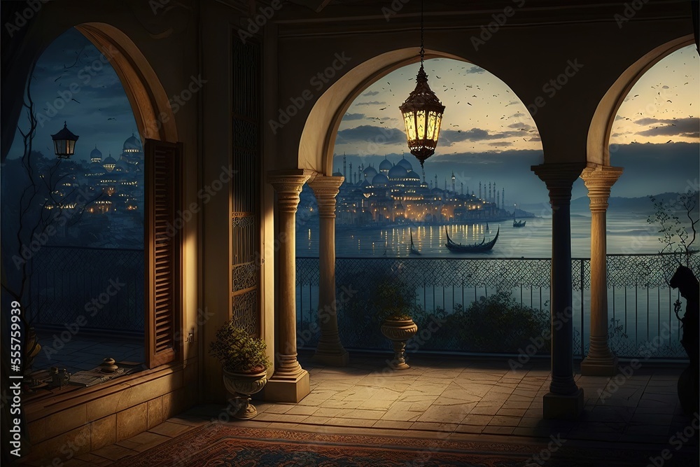 Turkish patio overlooking the Bosphorus and mosques. Balcony with ...