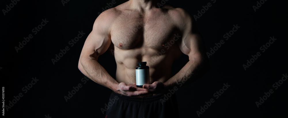 muscular bodybuilder with anabolic isolated on black background ...