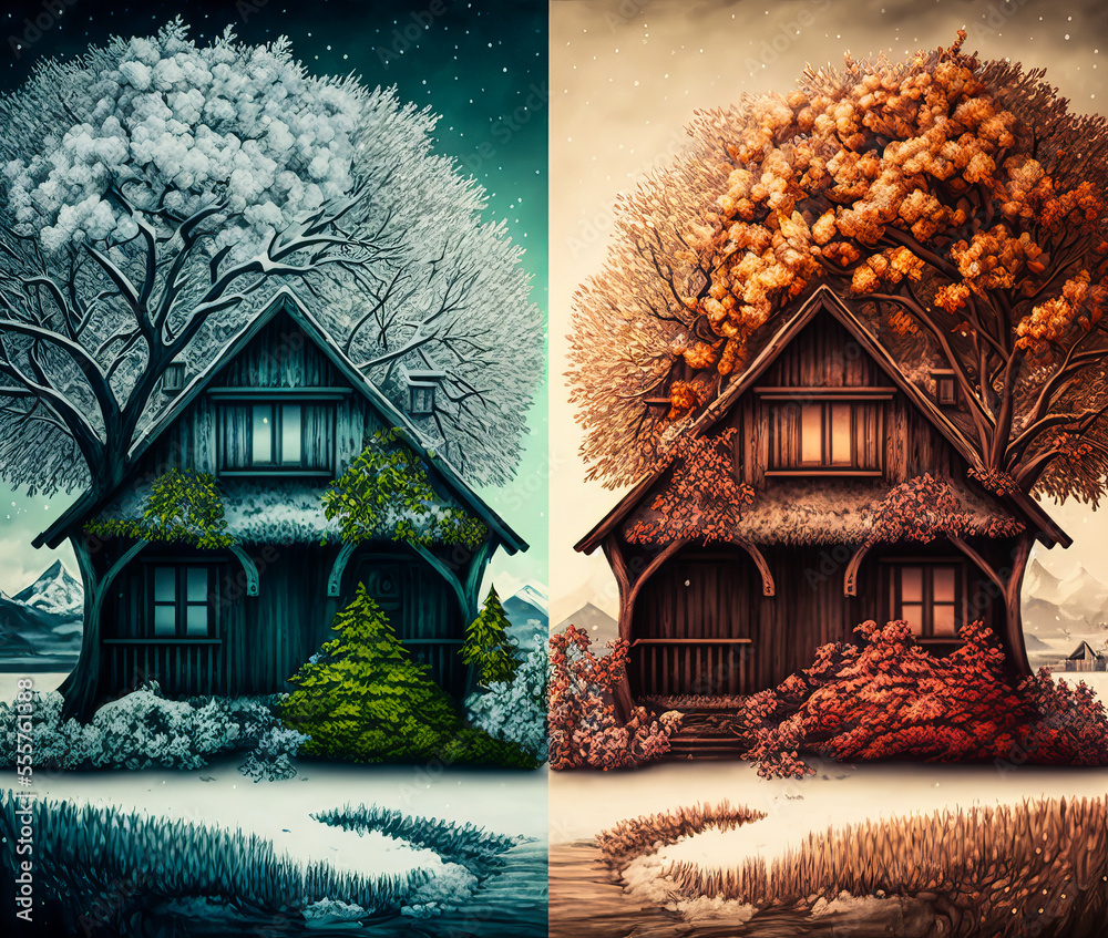 Seasonal changes and their impact on the habitat with this wooden house ...