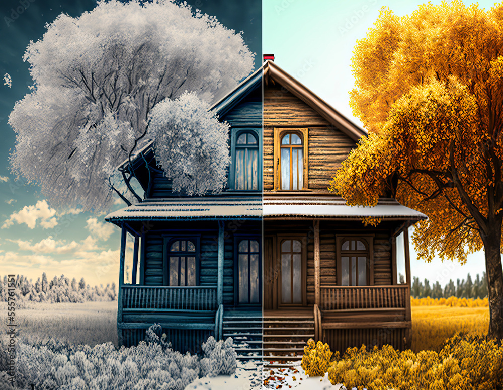 In this image, see the seasonal change around a wooden house in nature ...