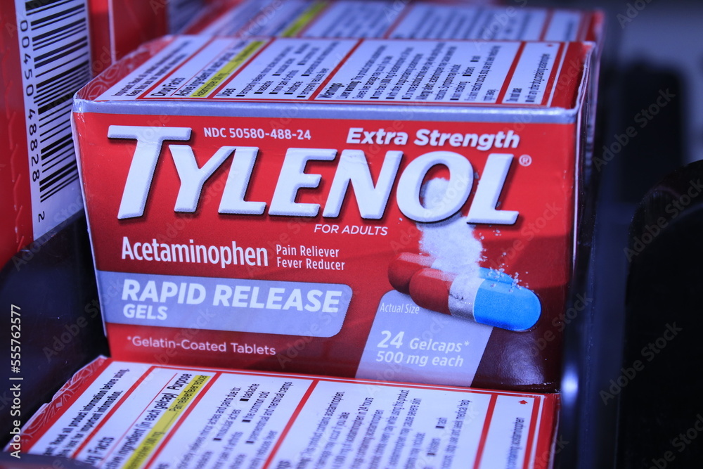 TYLENOL in boxes on a shelf at a store. Stock Photo | Adobe Stock