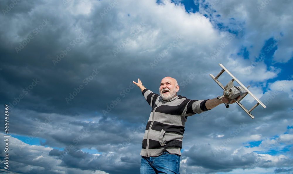 happy retirement. retired old man. senior man at retirement on sky ...