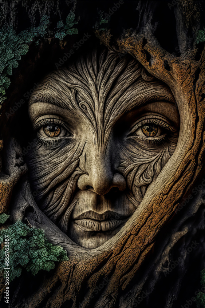 Face carved in the ancient and magical wood of a tree trunk. Evokes ...