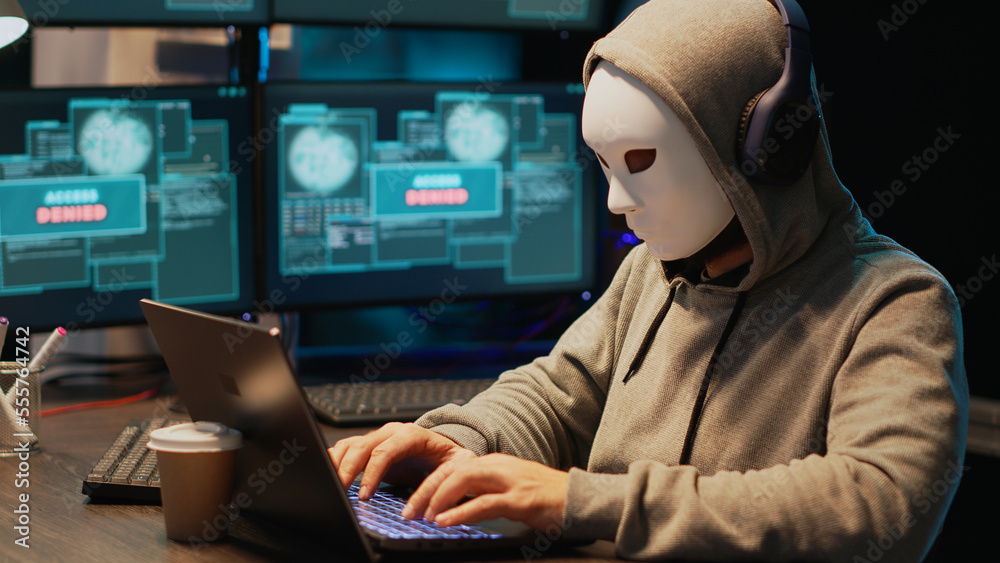 Male masked scammer stealing information from database program, hacking computer hardware system ...