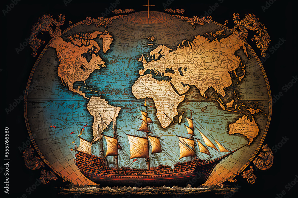 Antique marine navigation world map, with a sailing boat in the ...