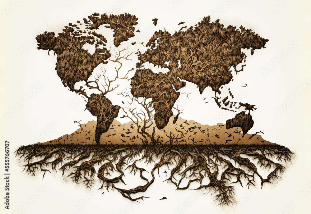 Map of the world made of the root of an old tree, to show the earthly ...