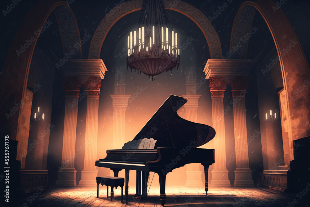 grand piano in a church, fictional interior created with generative ai ...
