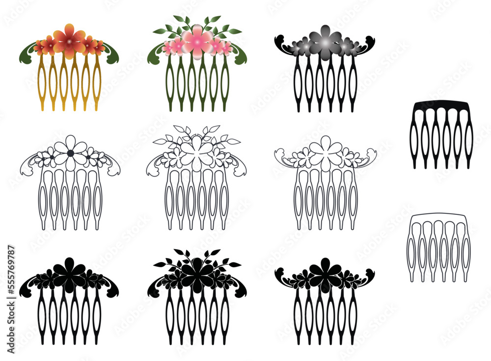 Floral hair comb pin icon set in color, silhouette and line drawing ...