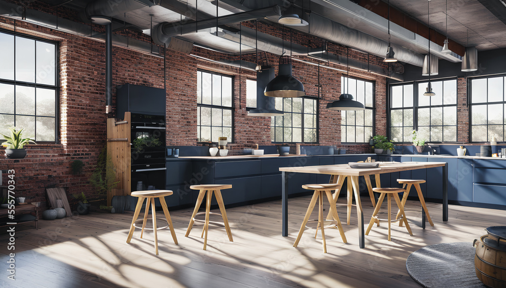 Kitchen in the loft style, characterized by an open and spacious layout ...